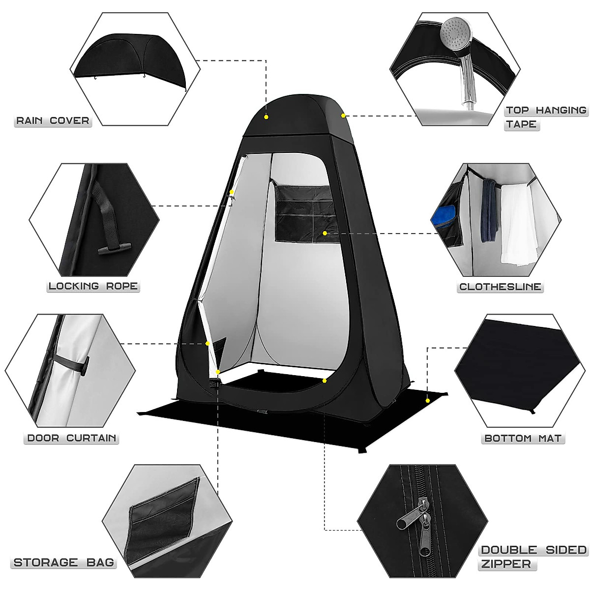 BRIAN & DANY Pop Up Shower Tent, Portable Changing Tent with Rain Shelter & Windows, Privacy Camping Tent for Hiking Beach, UPF 50+ & Waterproof, 47.2" x 47.2" x 74.8", Black