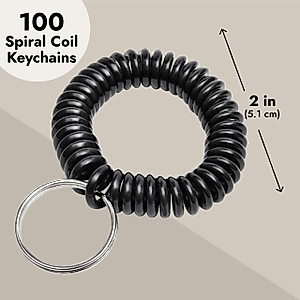 Juvale 100 Pack Spiral Coil Wrist Keychains, Stretchy Wristband Bracelet Key Rings (Black)
