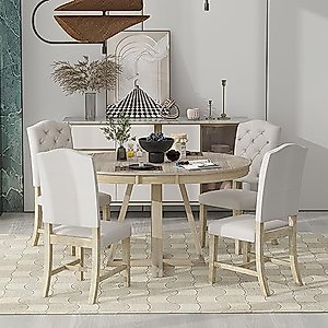KoiHome Retro Functional Round 16" W Leaf, 4 Upholstered Family Dinner Room, 5pc Farmhouse Kitchen Chairs for 4 (Natural), 5 Piece Extendable Dining Table Set