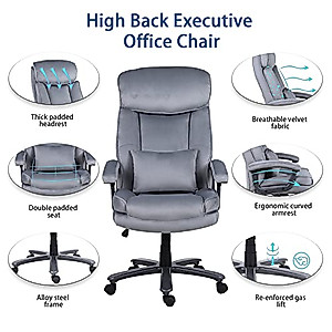 Dreamsir Ergonomic High Back Executive Office Chair 400lbs, Adjustable Height Rocking Swivel Computer Desk Chair for Heavy Tall People, Thick Padding Headrest and Armrest (Gray)