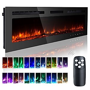 50 Inch Electric Fireplace Inserts, Quiet Wall Mounted Fireplace, Led Fireplace for Living Room, Recessed Electric Fireplace, Linear Fireplace, Logs & Crystal, 750/1500W