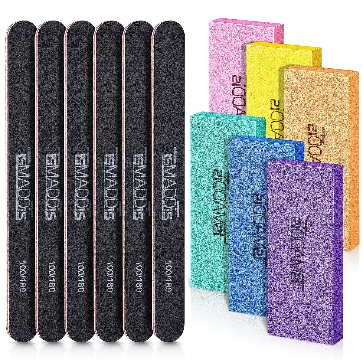 TsMADDTs Nail Files and Buffers Set with 6PCS Rectangular Buffers and 6PCS Black 100 180 Grit Files, Professional Nail Care Tools Kit for Women and Girls