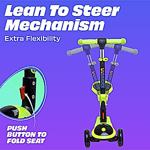 Kick Scooters for Kids Ages 3-5 (Suitable for 2-12 Year Old) Adjustable Height Foldable Scooter Removable Seat, 3 LED Light Wheels, Rear Brake, Wide Standing Board, Outdoor Activities for Boys/Girls