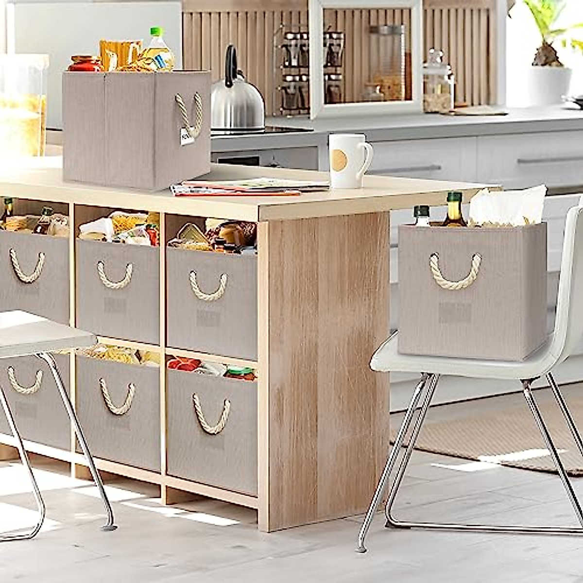 Simple Houseware 13" Cube Storage Bin With Braided Rope Handles, 3 Pack, Beige