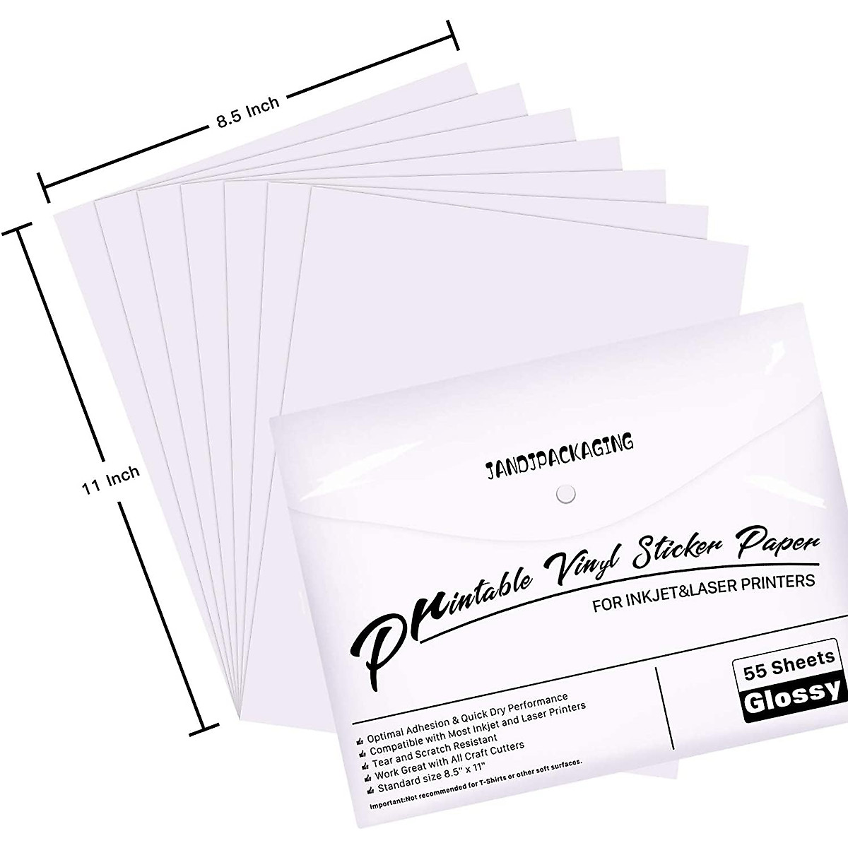 Premium Printable Vinyl Sticker Paper - for Inkjet and Laser Printer - 55 Pack Glossy White Waterproof Inkjet Printable Vinyl - Dries Quickly and Holds Ink Beautifully JANDJPACKAGING