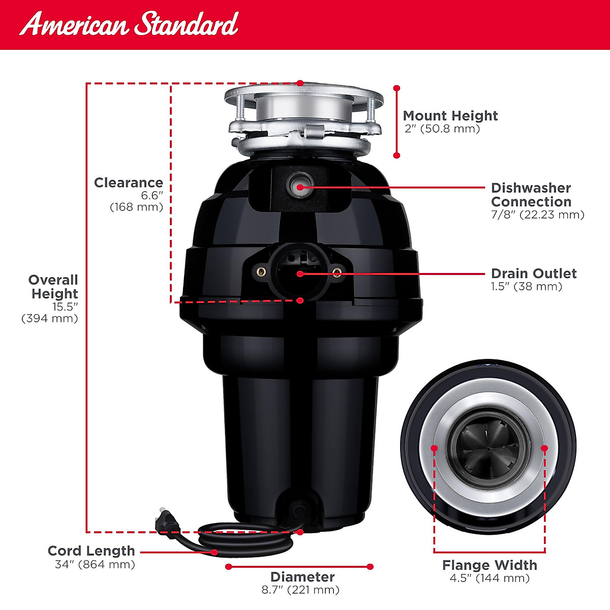 American Standard 10-US-AS-12 Garbage Disposer, 1.25 HP, Black