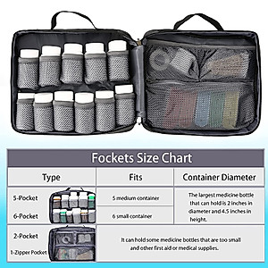 Pill Bottle Organizer, Medicine Bag Storage Medication Pill Box Case with Handle & Fixed Pockets, Travel Medicine Storage Box Bag for Vitamins, Medications, Medical Supplies, Large, Black
