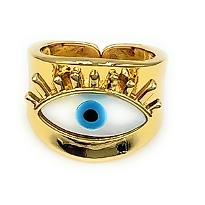 LESLIE BOULES 18K Gold Plated Evil Eye Ring Adjustable Size Jewelry for Women
