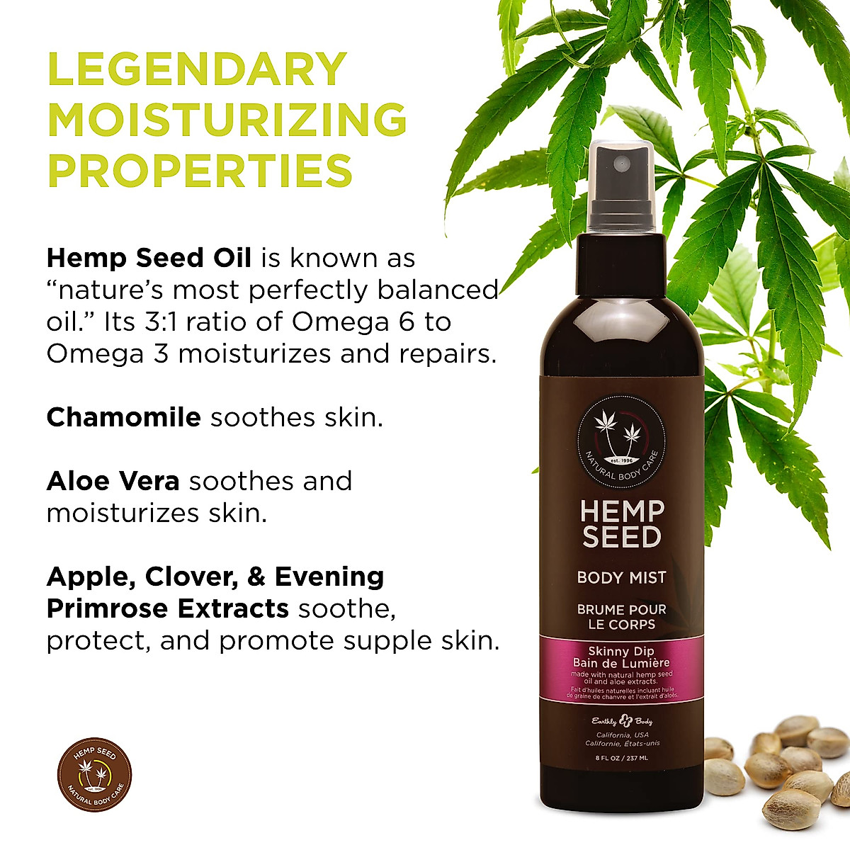 Earthly Body Hemp Seed Moisturizing Body Mist, Skinny Dip, 8 Fl Oz