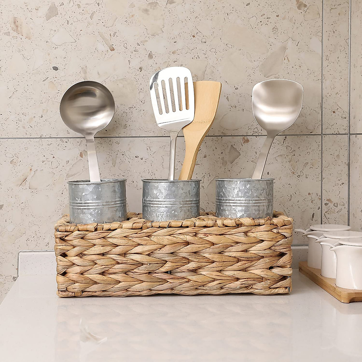 MyGift Rustic Galvanized Metal Kitchen Utensil Holder with Woven Natural Seagrass Basket Tray, Buffet Picnic Flatware Utensil Server, 4 Piece Set