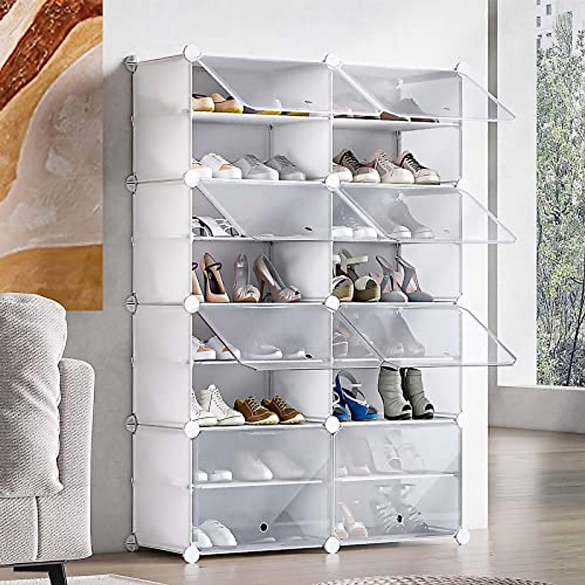 UNZIPE 8 Cube 32 Pairs Shoe Storage Cabinet Bundle with 23x24 inch Gold Asymmetrical Mirror Wall for Entryway Decor