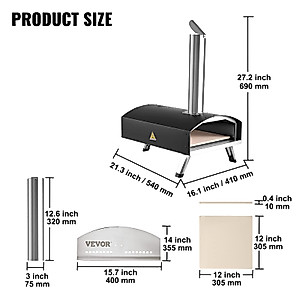VEVOR Outdoor Pizza Oven, 12-inch Wood Fire Pizza Ovens, Pellet and Charcoal Pizza Maker Outside with Cordierite Stone, Portable Pizza Oven for Backyard Camping, Waterproof Carry Bag, Shovel, Black