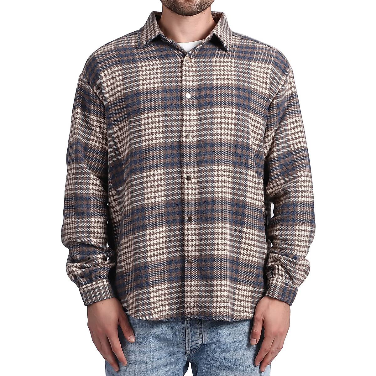 Locachy Men's Casual Cotton Plaid Shirts Long Sleeve Button-Down Flannel Overshirt Jacket Blue Plaid-L