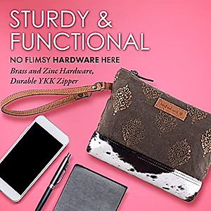 SIXTEASE Women's Fashion Wristlet Small Clutch With Wrist Strap - Vintage Style Zipper Made with Genuine Leather, Upcycled Canvas, Rug, or Hair On - Unique Designs, Hand Stitched - Dimensional