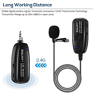 EASJOY Wireless Lavalier Microphone,2.4G Clip-on Lapel Mic Compatible with iPhone,Android Smartphone,DSLR,PC Computer,Voice Amplifier,PA System,Stage Speakers,for YouTube,Interview,Teaching