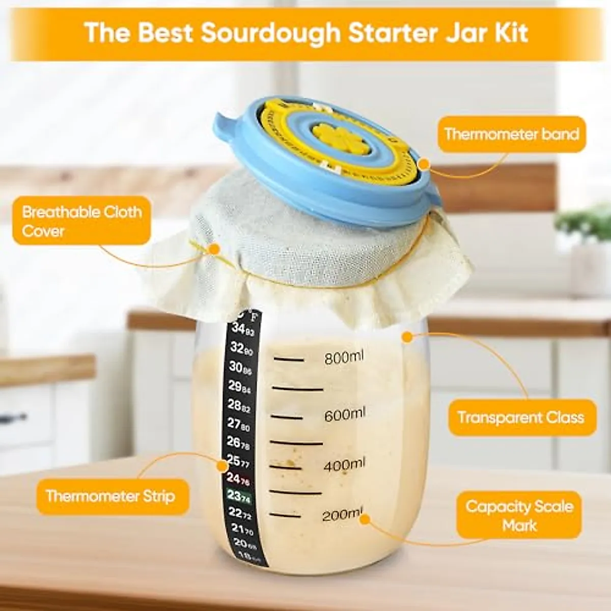 Sourdough Starter Kit, JAOBHAHY 35 OZ Sourdough Starter Jar with Lids, Reusable Sourdough Jar with Thermometer, Silicone Scraper, Cloth Cover and Bread Lame(1-Pack)