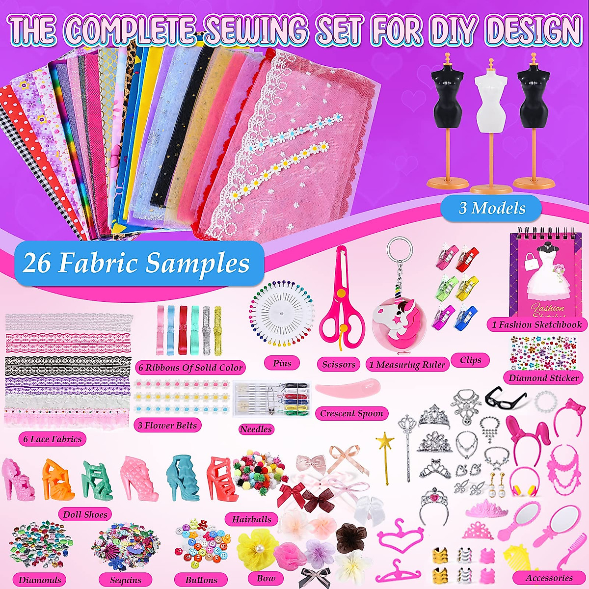 B Bascolor Girls Fashion Design Kids Sewing Craft Kit for Making 60 Pack Doll Cloth Accessories Dress Up, Art Crafts for Girl Ages 8-12+ Preteen Designer Creativity DIY Toy Christmas Birthday Gift