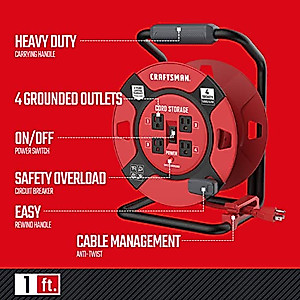 CRAFTSMAN Retractable Extension Cord Reel 1 Ft. With 4 Outlets, Cable Management & Heavy Duty 14AWG SJTW Cable