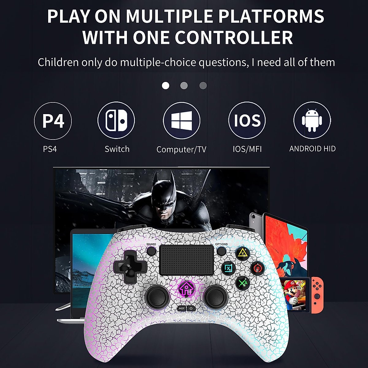 RALAN Wireless Controller with 8 Color Adjustable LED Lighting Compatible with PS4 Pro/Slim/for PS4 Controller Dualshock 4, with Headphone Jack for FPS Game （White）
