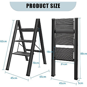 Comft 3 Step Ladder, Aluminum Sturdy Lightweight, Widened Pedal, Non-Slip Foot Pad, Multi-Functional Foldable Space Saving for Home and Kitchen (330LB) (Black)