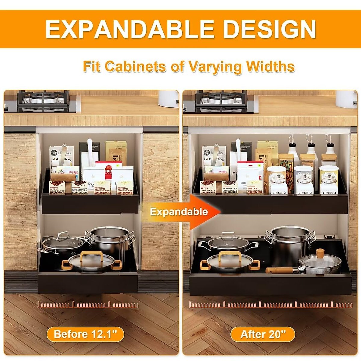 2Pc Pull out Cabinet Organizer,Slide out Drawer with 3 Rails,16"D,Expandable(12.1"-20"W) Peel and Stick Pull out Drawers for Kitchen,No Screw Adjustable Cabinet Drawer,Pantry Roll out Shelves,No Drill