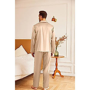 Ekouaer Mens Silk Pajama Set Long Sleeve Button Down Shirts Pjs Pants Set Satin Sleepwear Loungewear Set with Pockets Champagne L