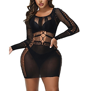 XIUSEMY Womens Lingerie Dress Sexy Babydoll Bodycon Fishnet Dress One Piece Mesh Teddy Fishnet Chemise Nightwear One Size(Black)