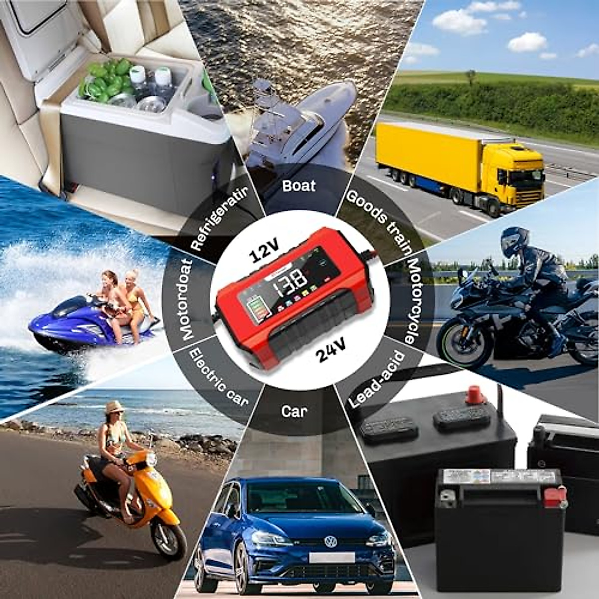 Car Battery Charger, 12V 6A Smart Battery Trickle Charger Automotive 12V Battery Maintainer Desulfator with Temperature Compensation for Car Truck Motorcycle Lawn Mower Marine