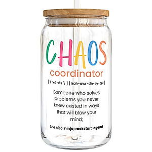 KLUBI Chaos Coordinator Glass Cup With Straw 16oz Chaos Coordinator Gifts for Women Christmas Gifts Officiant Gifts for Wedding Day Promotion Gifts for Women Nurse Gifts Bosses Day Gifts for Her