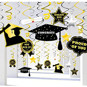 42PCS Graduation Decorations 2023 Hanging Swirls Party Supplies - Grad Star/Mortarboards/Diplomas Ceiling Foil Ornaments（Black,Silver,Gold）