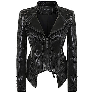 chouyatou Women's Fashion Snake Pattern Print Studded Moto Pu Leather Biker Jacket (X-Small, Black)
