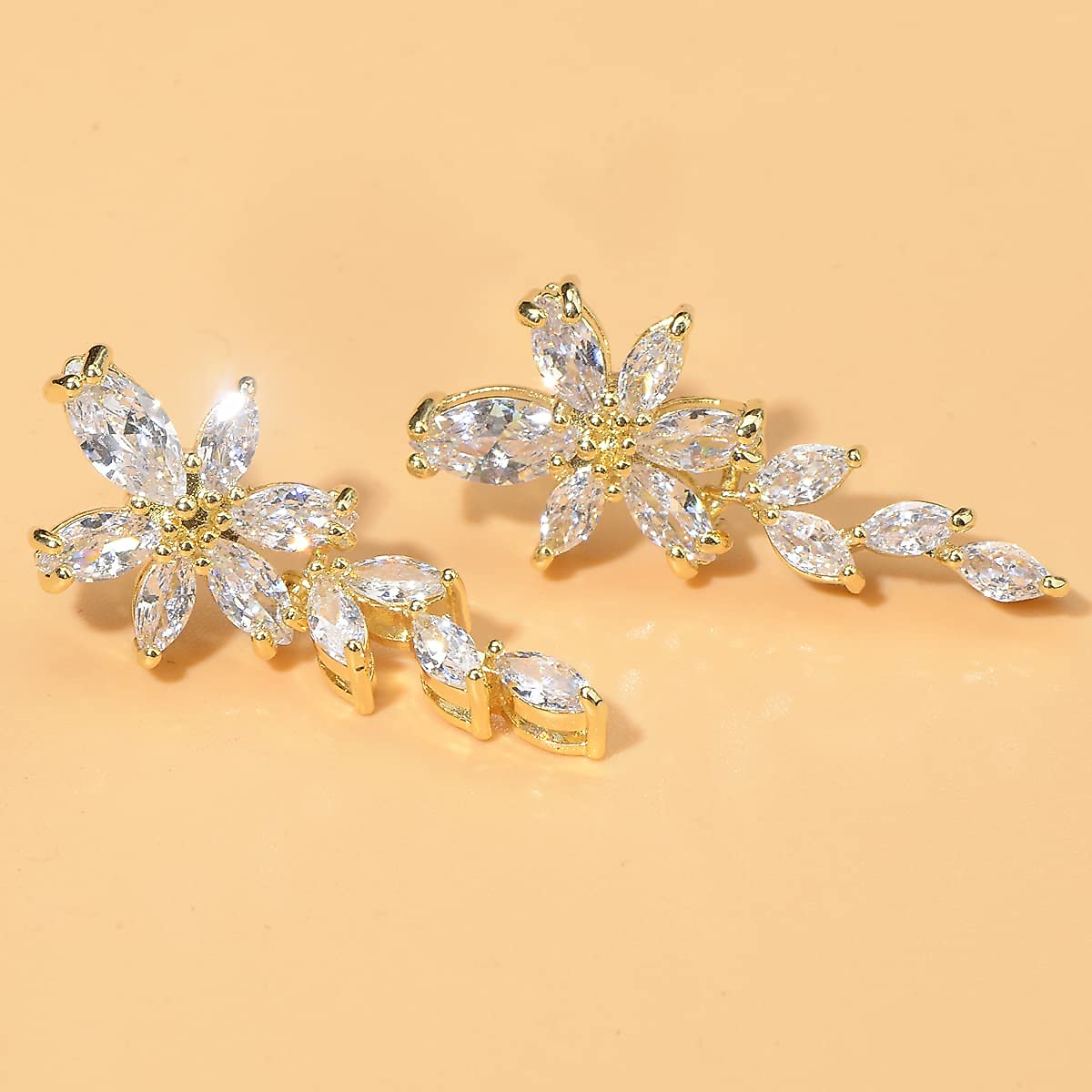 Gold Cubic Zirconia Bridal Earrings - Women’s Marquise CZ Cluster Floral Leaf Crystal Rhinestone Dangle Drop Earring Sterling Silver for Bride Bridesmaids Mother of Bride Party Prom Earrings for Girls