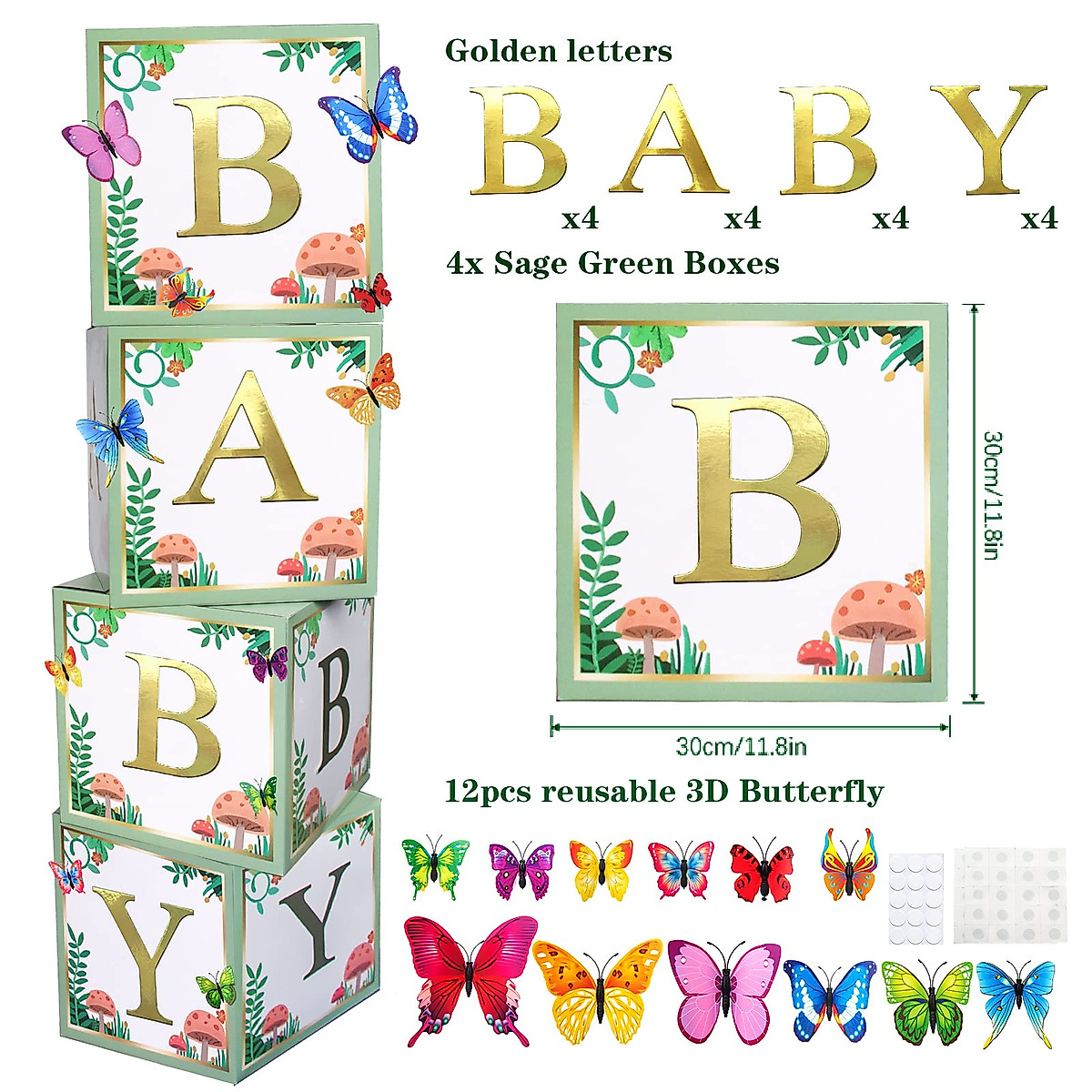 Baby Shower Decorations for Girl Sage Green Baby Block Box with Letters for Baby Shower Decor Neutral Baby Gender Reveal Decorations with 3D Butterfly