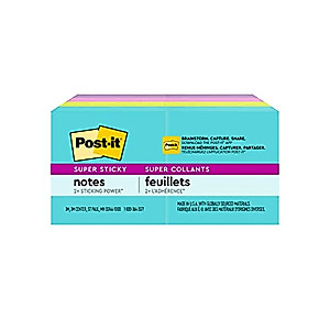 Post-it Super Sticky Notes,2x2 in, 8 Pads, 2x the Sticking Power, Supernova Neons Collection, Recyclable (622-8SSMIA) , 1 7/8" x 1 7/8" , Assorted