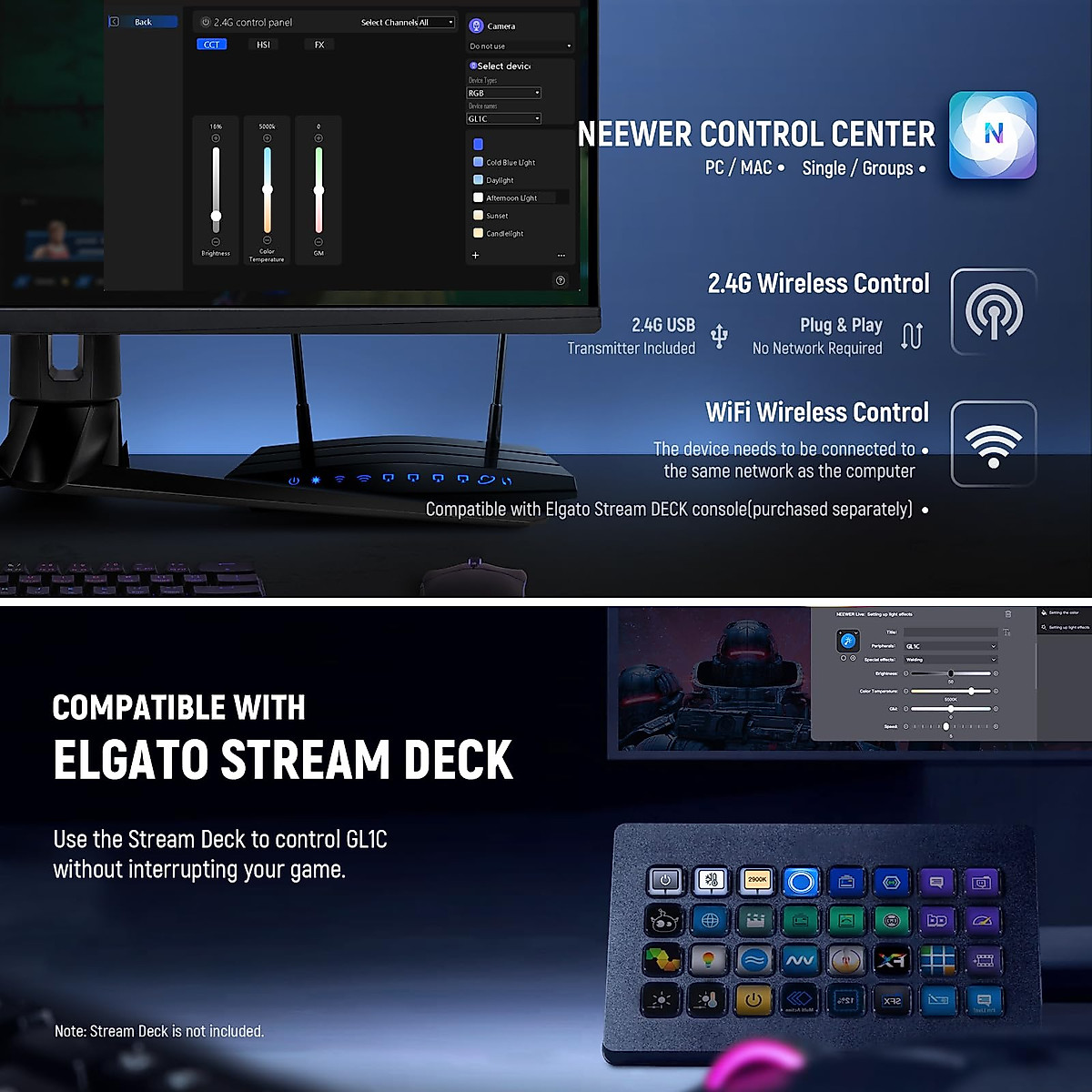 NEEWER GL1C RGB 15.5" Key Light, 48W Edge Lit Soft LED Video Panel Streaming Gaming Lighting with 2.4G PC/Mac iOS/Android APP/WiFi/Stream Deck Control, Touch Bar, 2900K-7000K, Music Sync, 18 Scenes