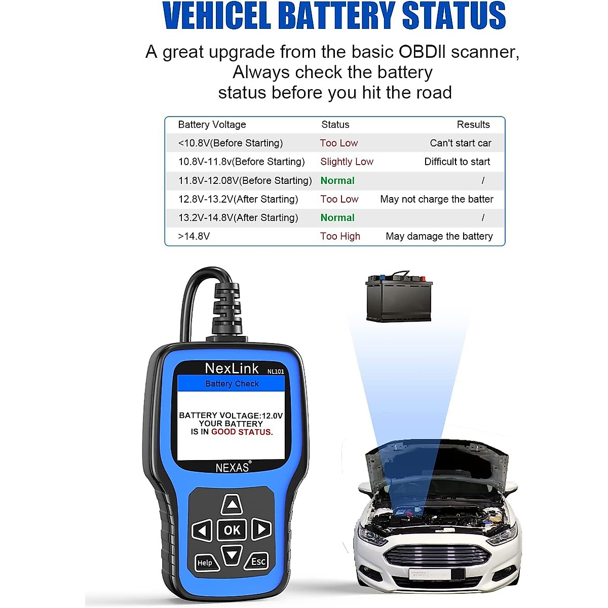NEXAS NL101 OBD2 Scanner Diagnostic Tool & Battery Tester, Check Car Engine Light Code Reader Scan Tool with Full OBDII Function Live Data Stream for All Vehicles, Free Protective Case & Update