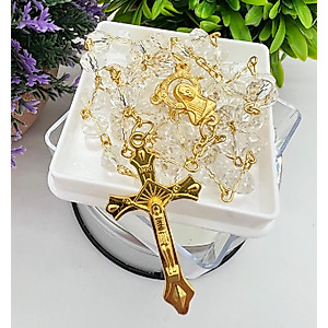 Catholic Our Lady of Guadalupe Crystal Rosary with Medals Rosario De La Virgen De Guadalupe Virgin Mary Prayer Rosary Necklace (White/Gold)