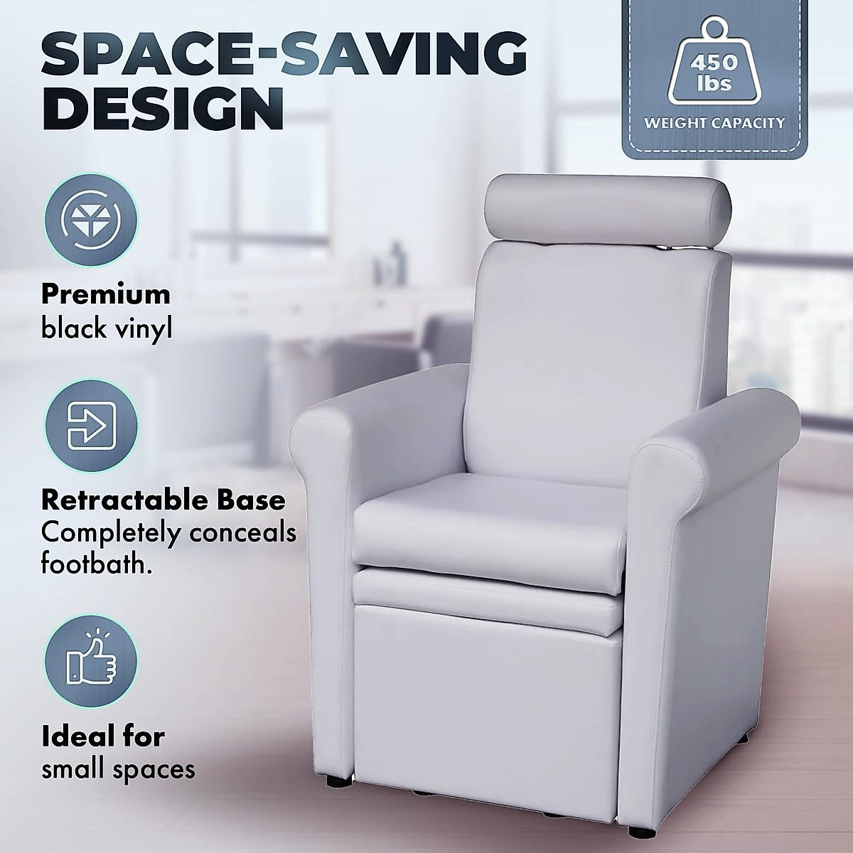 Buy-Rite Salon & Spa Equipment Mona Lisa Plumb Free Pedicure Chair, No Plumbing Pedicure Station for Professional Spas and Salons, Reclining Backrest & Pull Out Leg Rest (White)