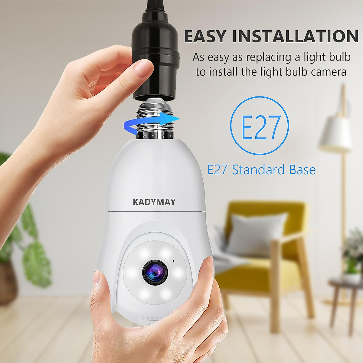 Kadymay 2K Light Bulb Security Camera, 2.4G WiFi 360° Screw in E27 Light Socket Camera Lightbulb Outdoor/Indoor, Smart 2-Way Audio Light Bulb Camera with Motion Detection and Auto Tracking