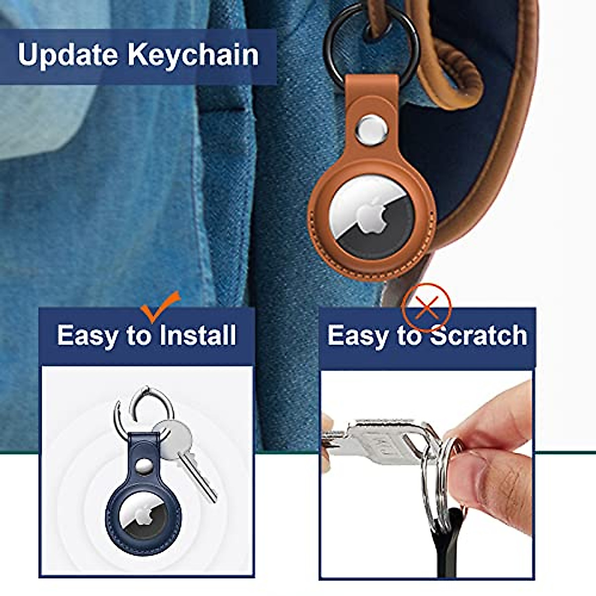 Apple Air Tag Holder Keychain - Airtag Keychain, PU Leather Airtag Holder, Airtag Case with Anti-Lost Key Chain for Luggage, Keys, Pets, Kids, Bag -Brown