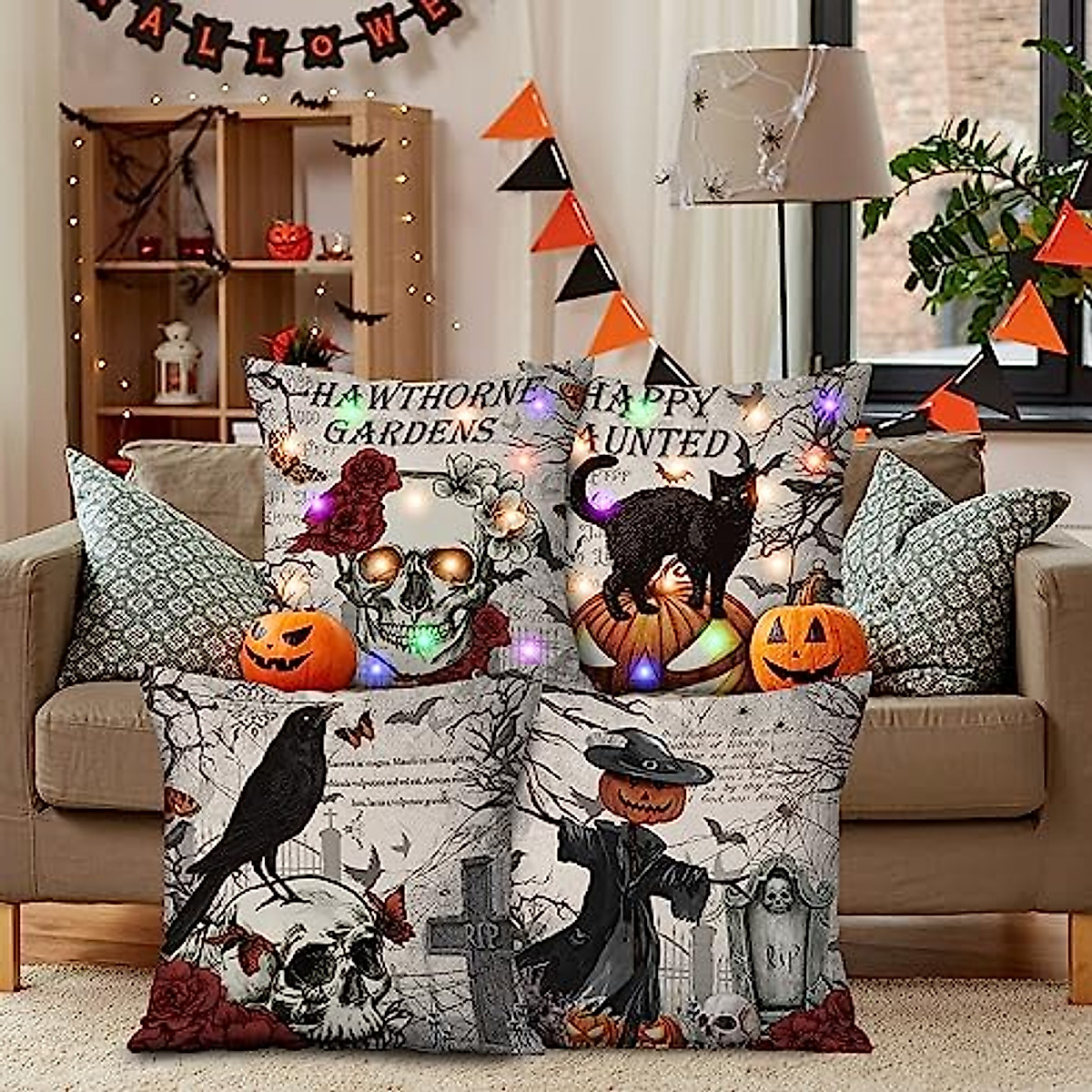 Hexagram Lighted Halloween Pillow Covers, Halloween Decorations Skull Pumpkin Black Cat LED Halloween Pillows Covers 18x18 Set of 4, Halloween Light Gothic Decor Pillows for Couch Sofa Indoor