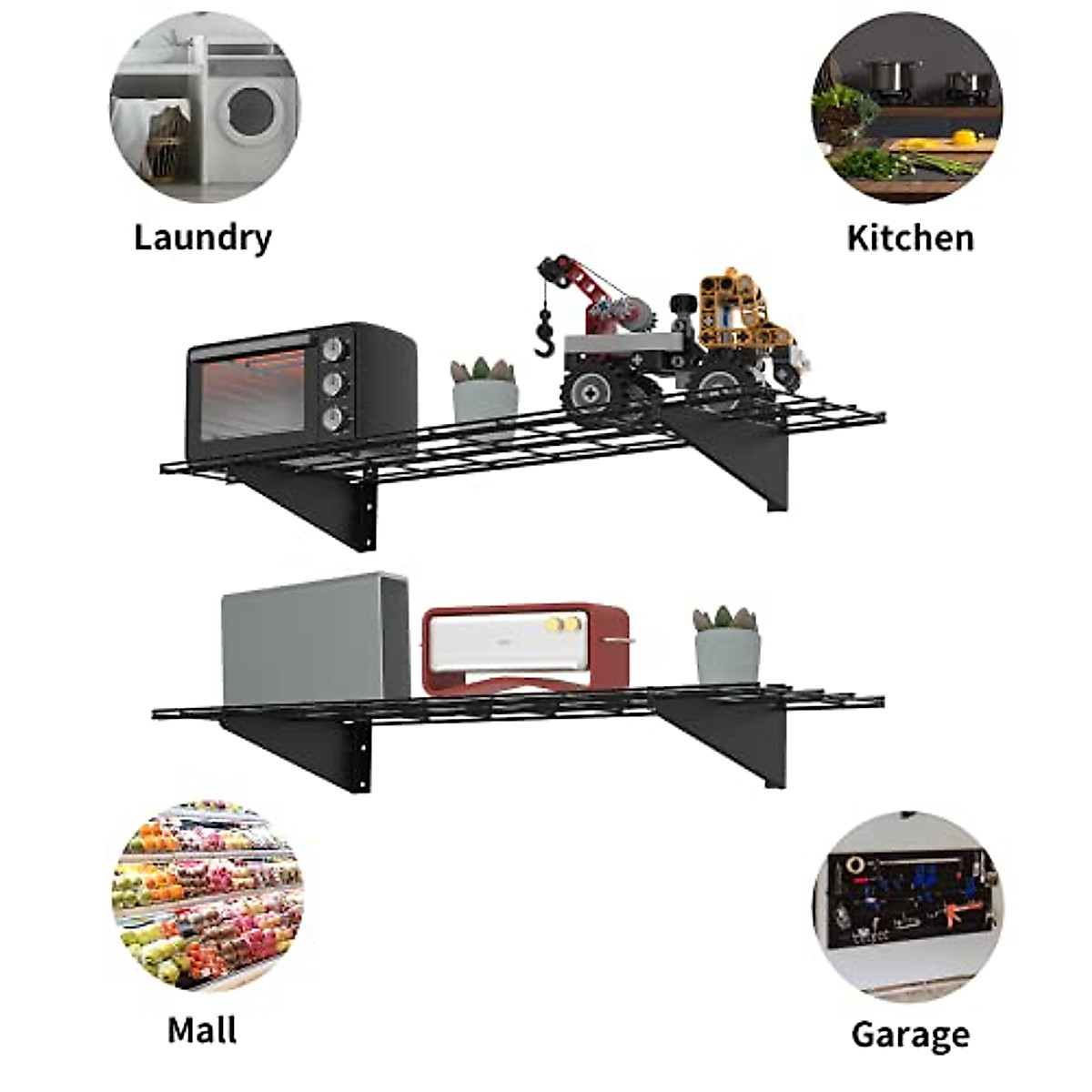 Qualward 2 Pack Garage Metal Shelving 1×4ft 12-inch-by-48-inch Wall Mounted Shelf Garage Storage Rack Heavy Duty, Black