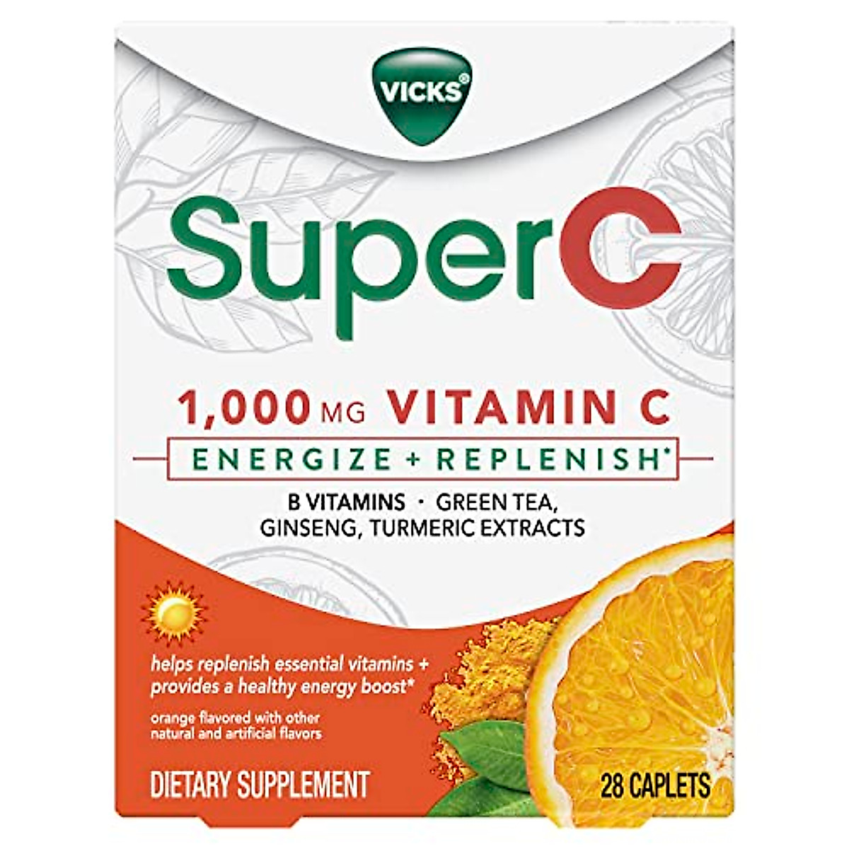 Vicks Super C Energize and Replenish* Daytime Daily Supplement with Vitamin C, B Vitamins Plus a Blend of Herbal Extracts, Coated to be Easy to Swallow, from The Makers of Vicks, 28ct