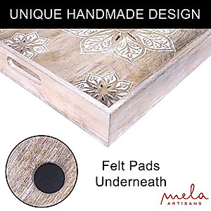 Mela Artisans Farmhouse & TV Ottoman Wooden Serving Tray - Large, Serena Whitewash | Decorative Mango Wood | Ideal to Serve Breakfast, Other Foods, Coffee, Tea | Rustic Home Decor | 20 x 14” x 2.5”