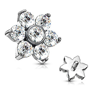 Pierced Owl Set of 4 Stainless Steel Prong Set Crystal Flower Internally Threaded Dermal Anchor Tops (16GA (1.2mm))