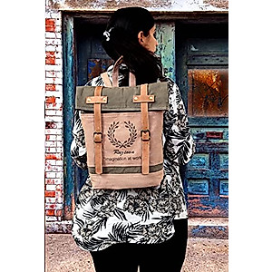 Ruzioon Upcycled Canvas & Cowhide Leather Roll Backpack, Canvas & Cowhide Leather Backpack for Men’s and Women’s, Canvas & Cowhide Leather Travel Backpack, Canvas Weekend backpack