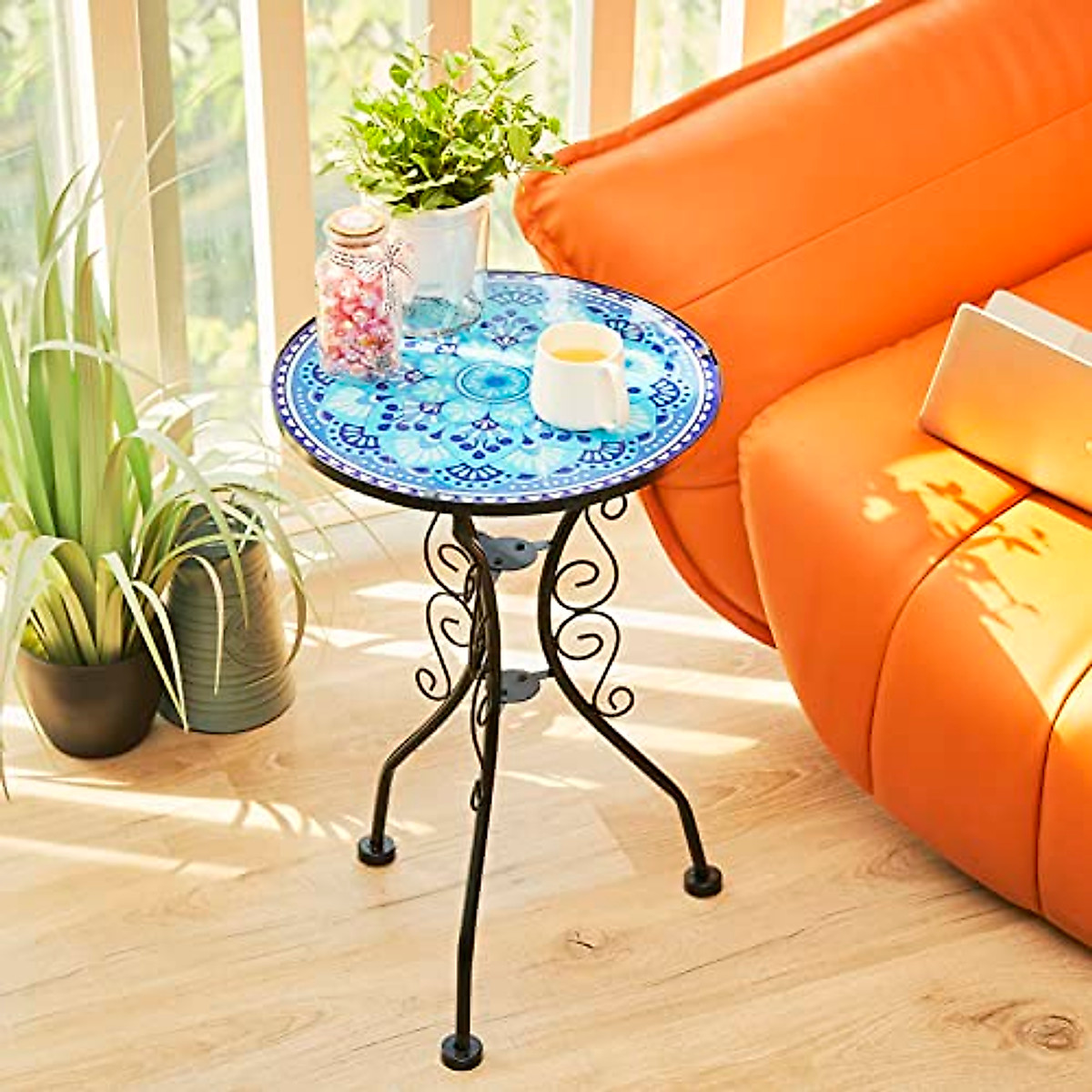 Lifoberstar Small Patio Side Table 21" End Table with 14" Blue Mosaic Glass Top Round Accent Table Bistro Balcony Coffee Tables Plant Stand for Livingroom Bedroom Indoor Outdoor Furniture