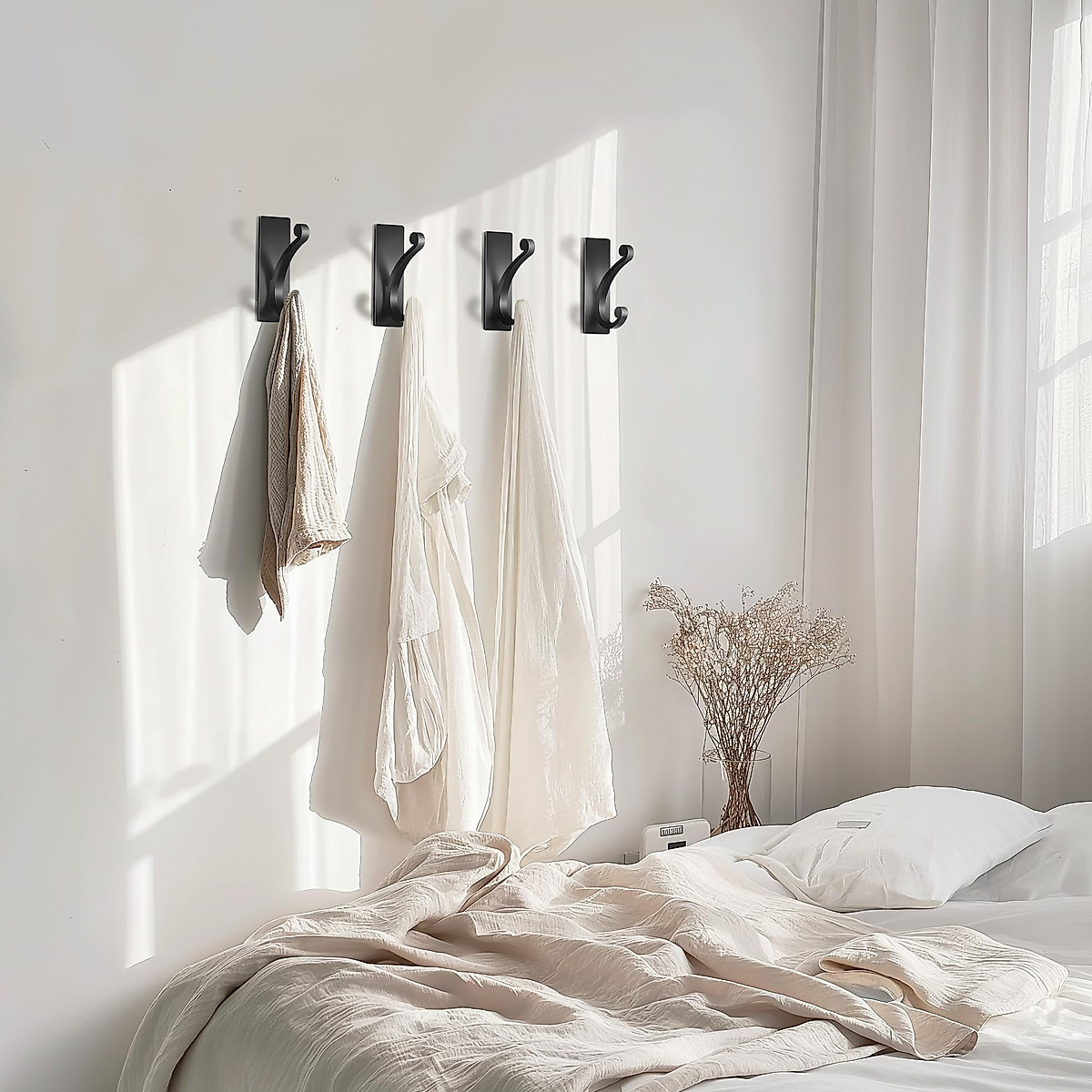 jockcaras Adhesive Wall Hook for Towel/Coat - Extra Sticky 10LB Stainless, Stick on Hanger for Bath or Shower, Matt Black 4-Pack