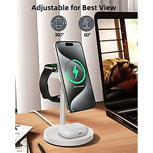 FutureCharger for MagSafe Charger Stand - 3 in 1 Wireless Charging Station for Apple Devices, for iPhone 15/14/13/12 Series, for iWatch/Airpods, Aluminum Alloy Rod, Leather Pad, White