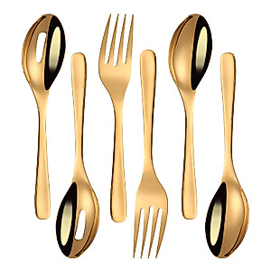 Mafier 10 Inch Stainless Steel Catering Serving Utensils for Party Buffet Dinner Banquet Cooking Kitchen Basics,Including Serving Spoon x 2,Slotted Serving Spoon x 2,Serving Forks x 2（Gold)